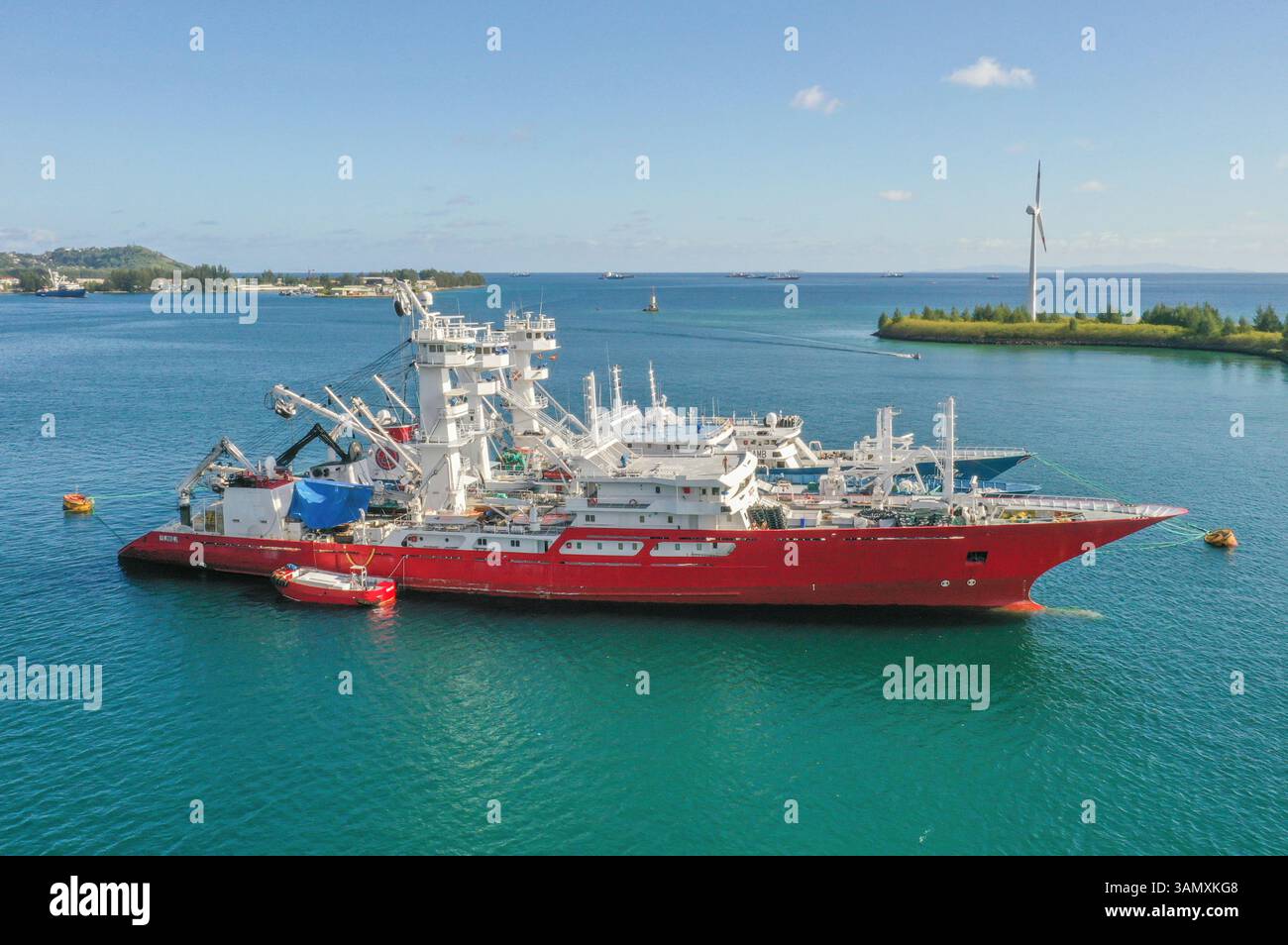 Aerial view of a tuna fishing vessel in Port Victoria, Mahé, Seychelles ...