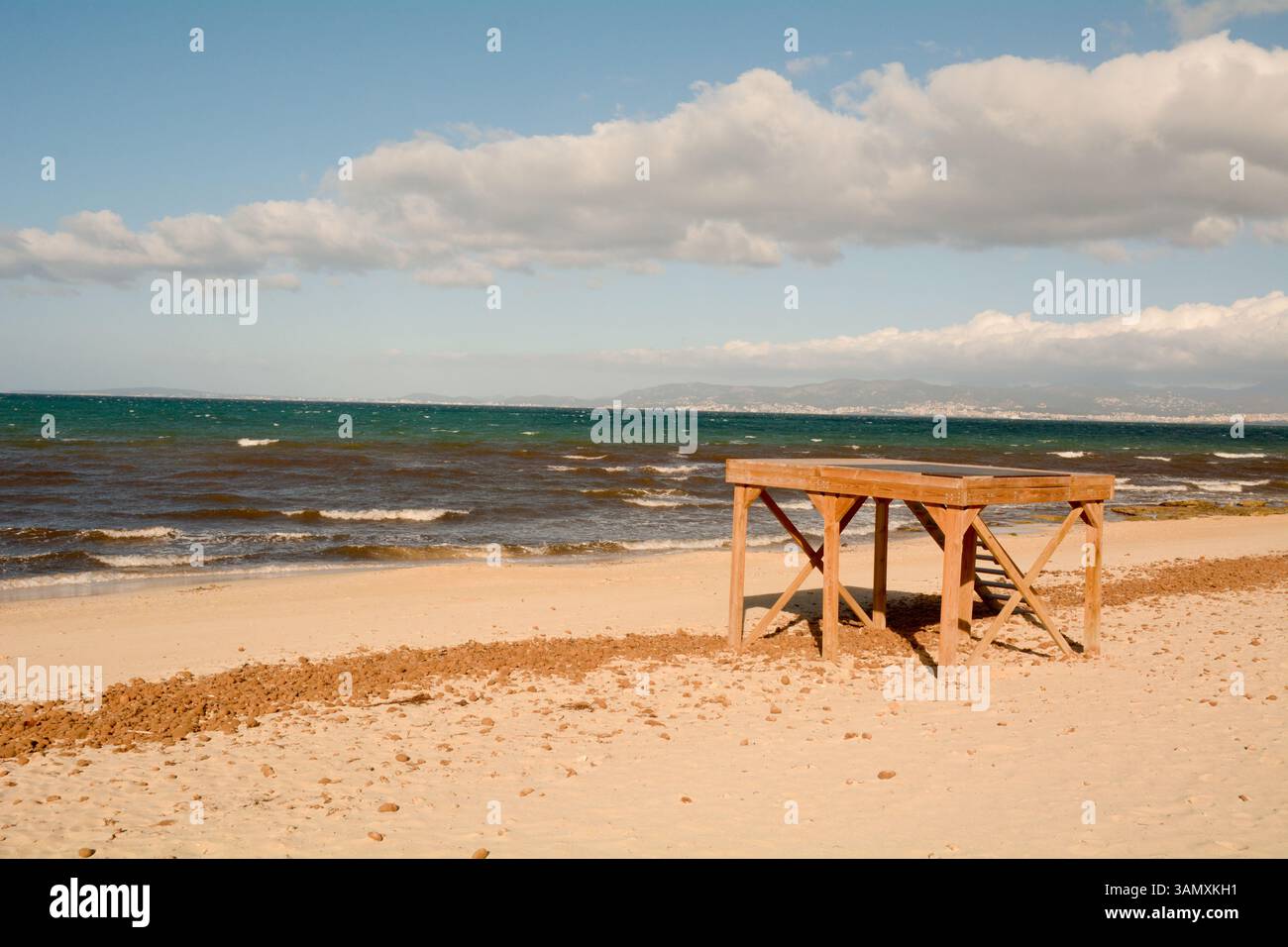Low season with an empty wooden lifeguard platform on the beach in Les ...