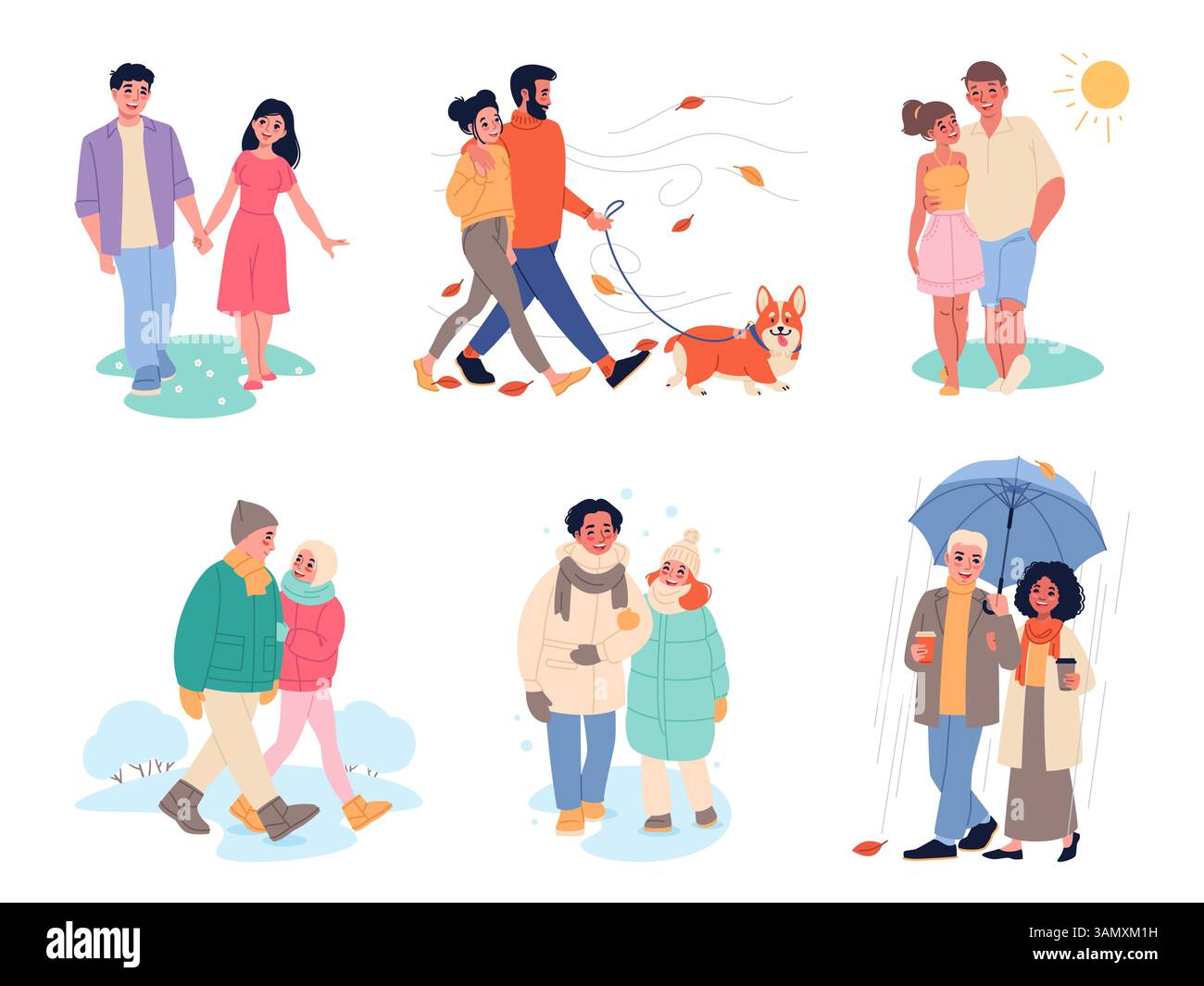 Happy couple walking. Different weather strolls, warm and cold seasons ...