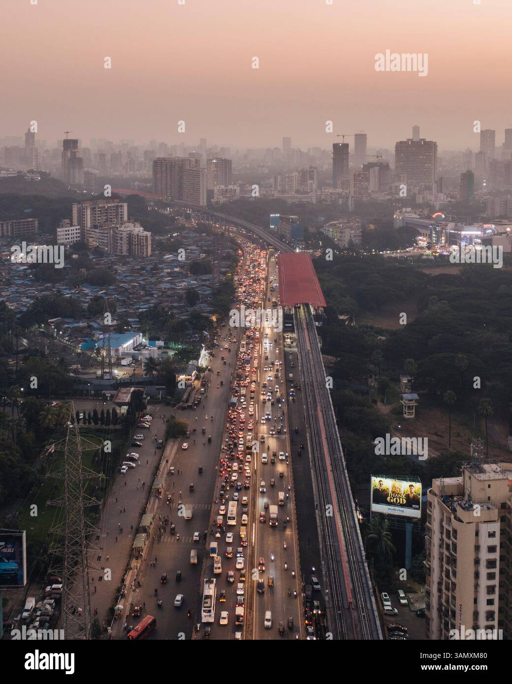 Aerial view of busy Mumbai cityscape at dusk, Mumbai Metropolitan ...