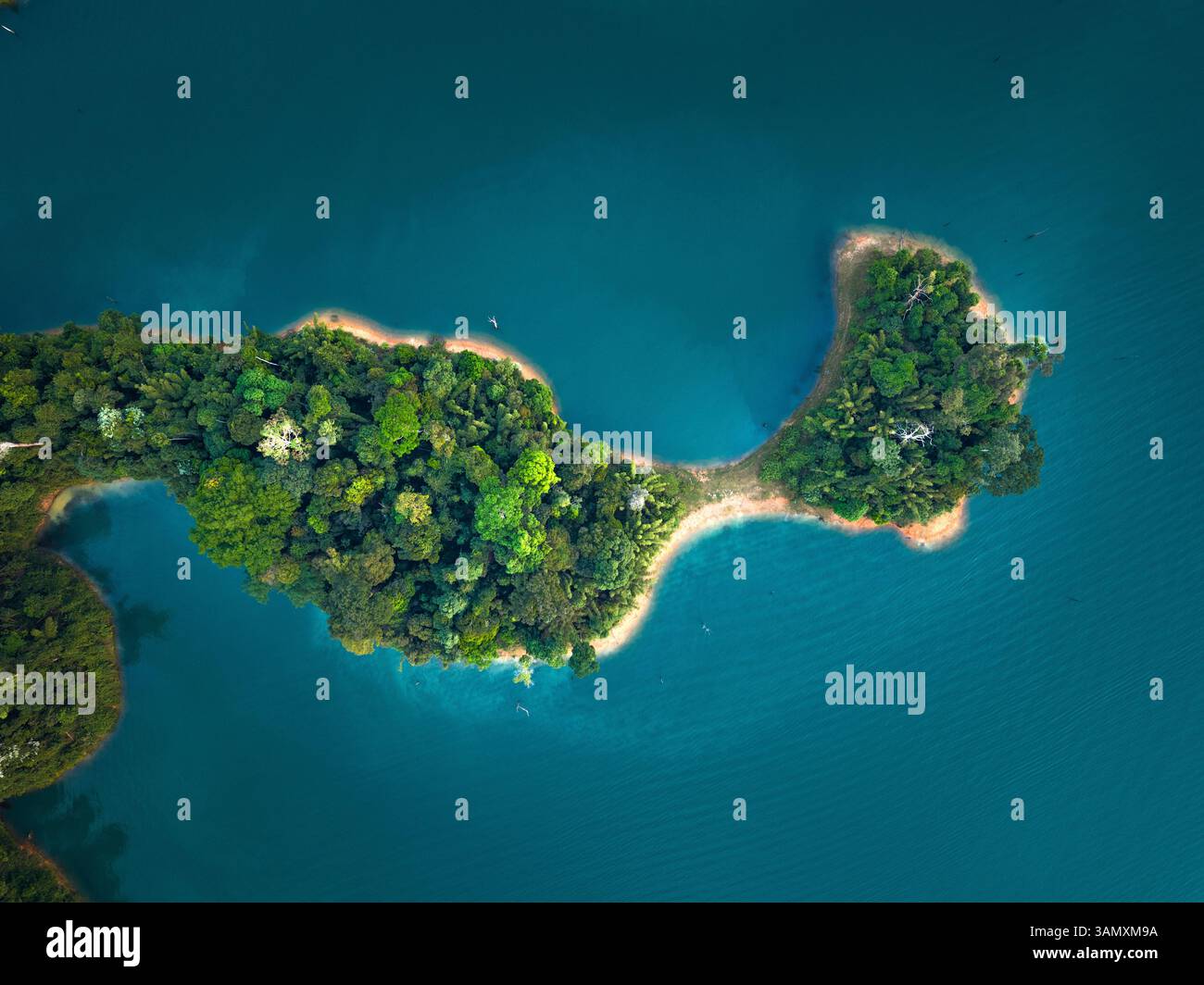 Aerial view of Cheow Larn Lake at sunset surrounded by lush rainforest ...
