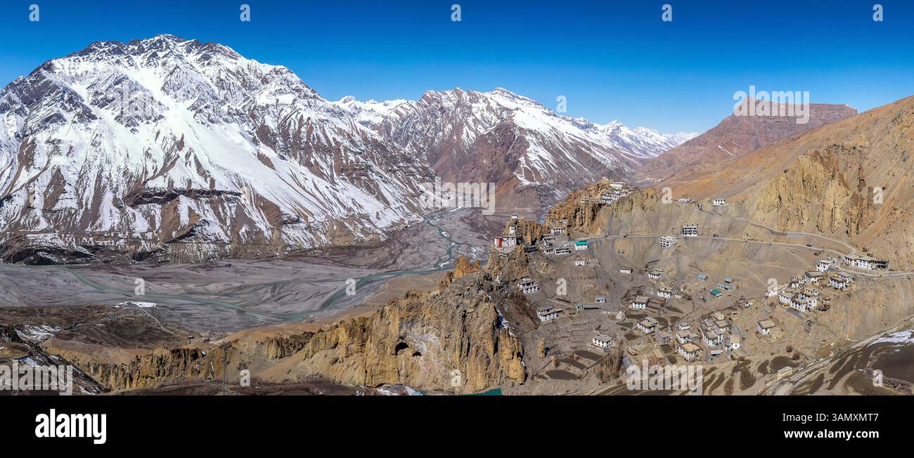 Aerial view of remote Dhankar village in majestic Himalayas, Kaza ...