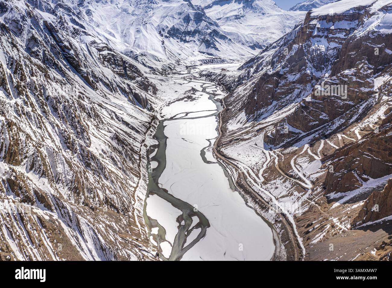 Aerial view of snowcapped peaks of Spiti Valley in the Himalayas ...