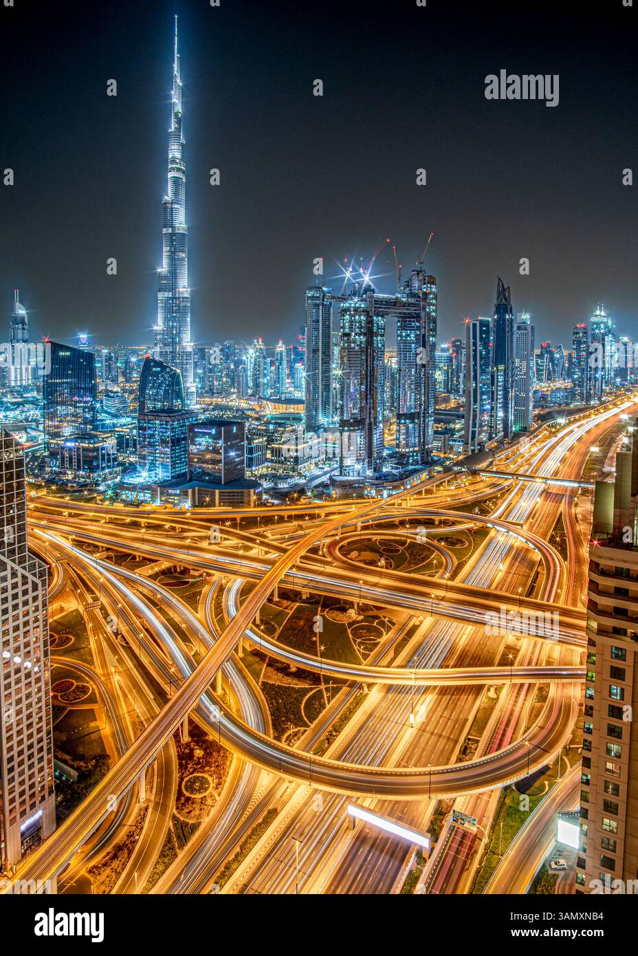 Aerial view of futuristic Dubai skyline with Burj Khalifa and Sheikh ...
