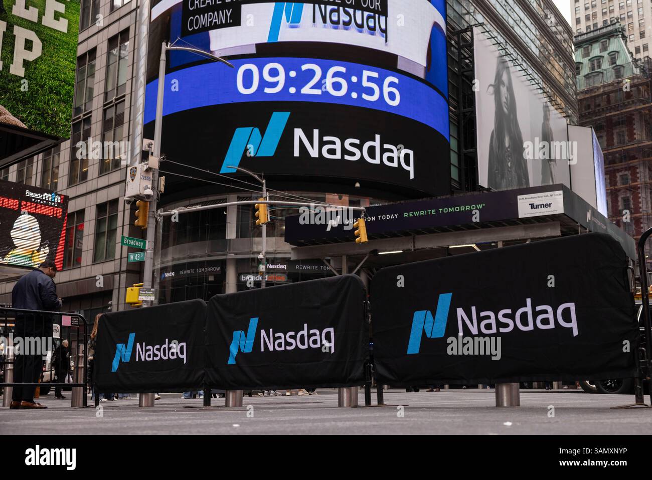 A general view shows the Nasdaq MarketSite, Monday, April 14, 2025, in ...