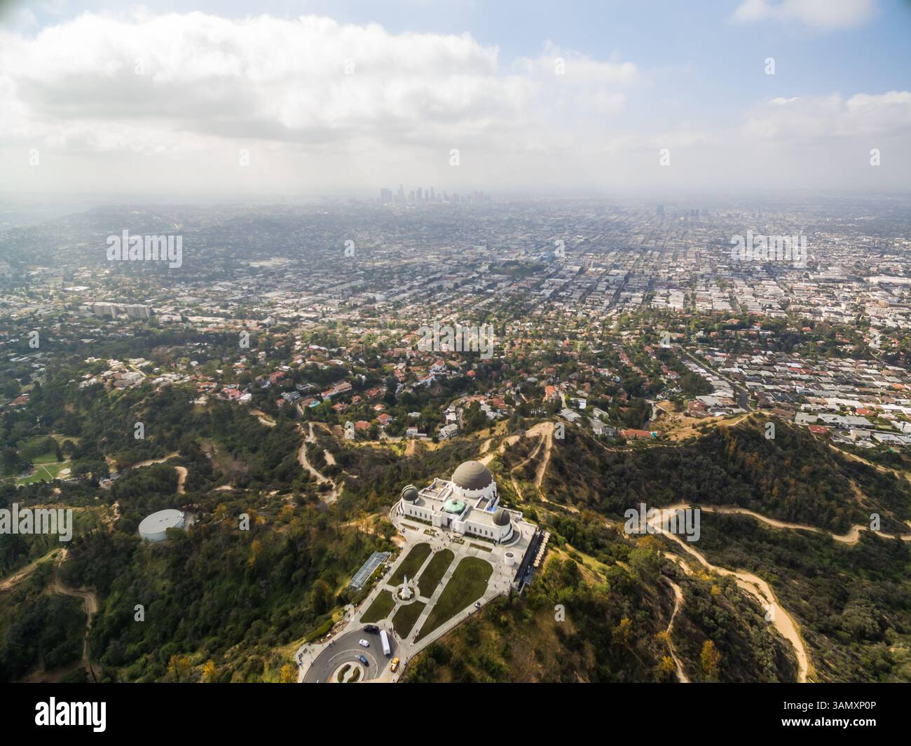 Aerial view of Griffith Observatory with Los Angeles in the background ...