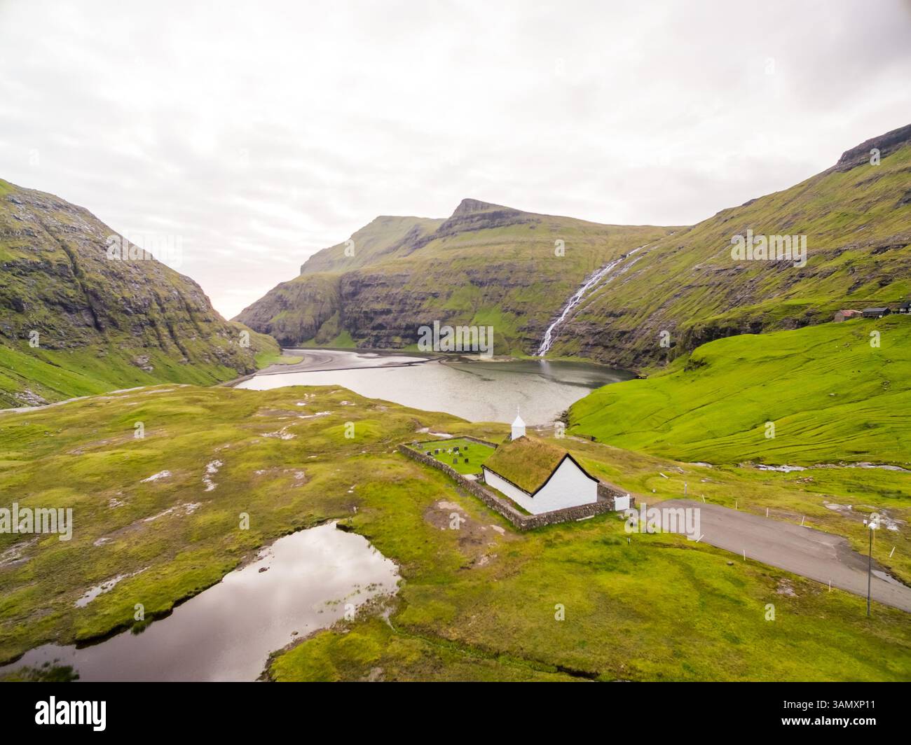 Aerial view of lonely church near a lake, Faroe island Stock Photo - Alamy