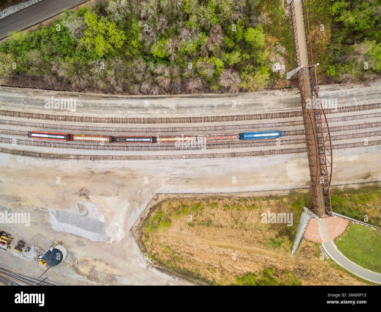 Aerial view of train crossing multi railway system, Wisconsin, USA ...