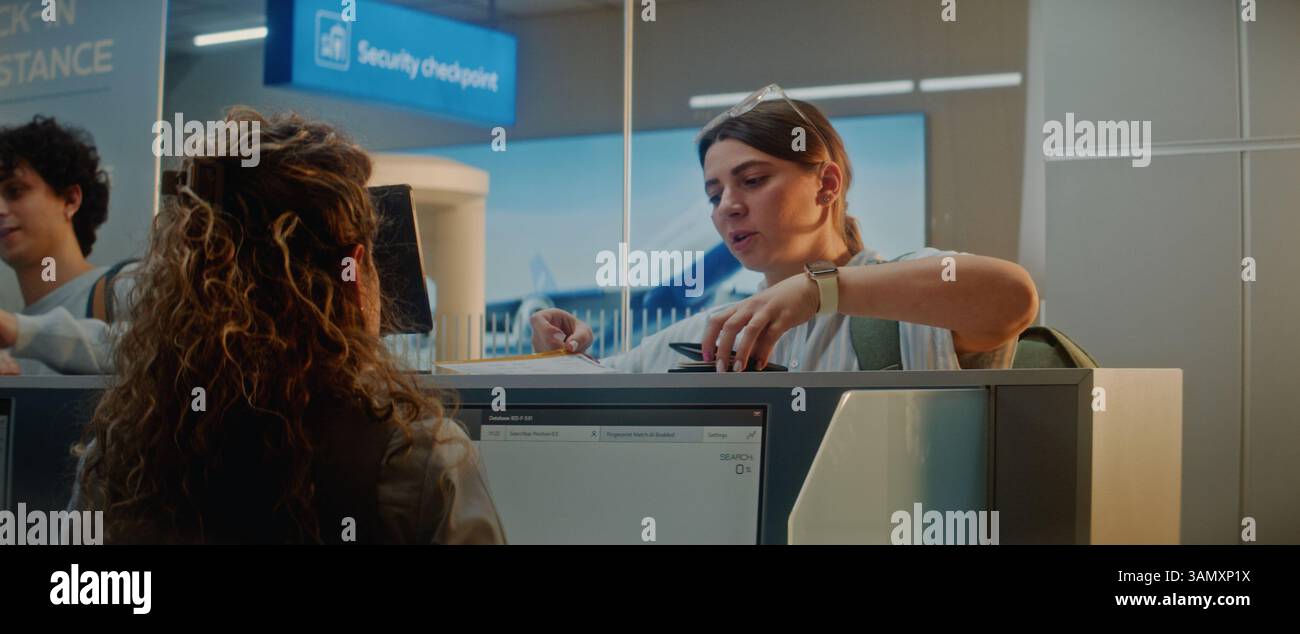 Queue of Multiethnic Passengers at Airport Check-in Counter: Female ...