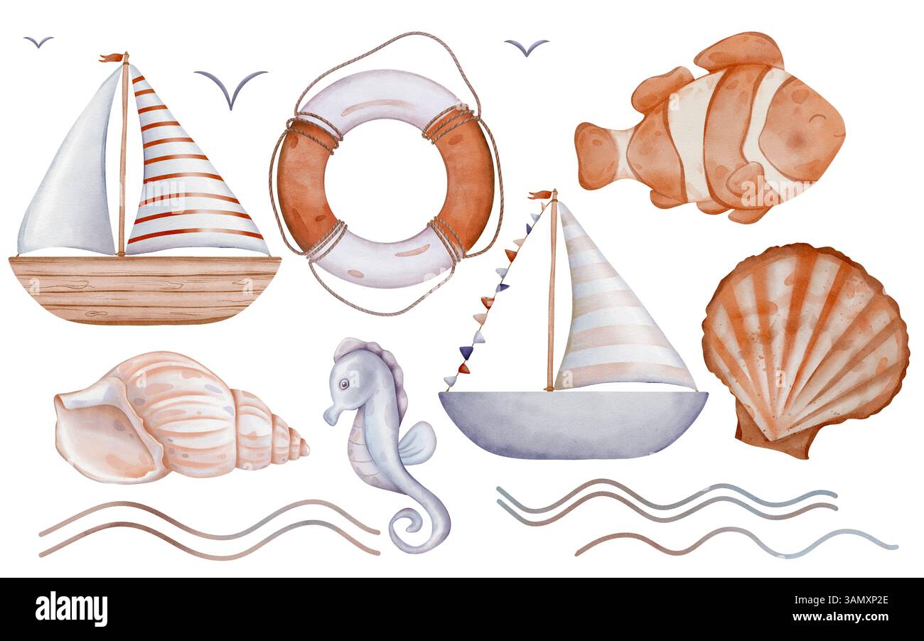 Watercolor set of Seashell and waves, pearls and boat. hand drawn ...
