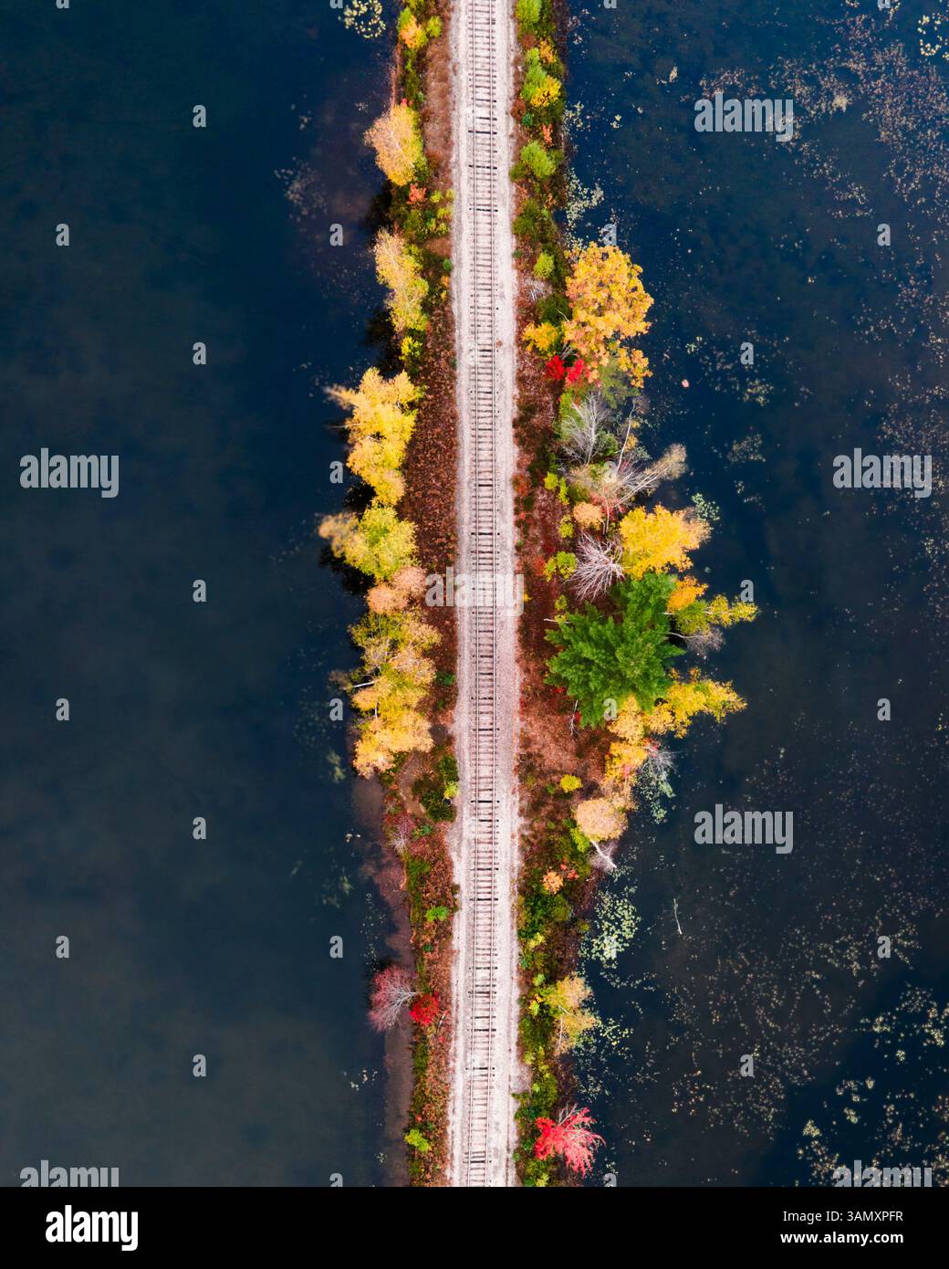 Aerial view of tranquil autumn landscape with colorful fall foliage ...
