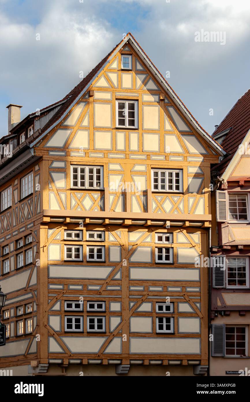 Half timbered, exposed orange colored beams building house in Esslingen ...