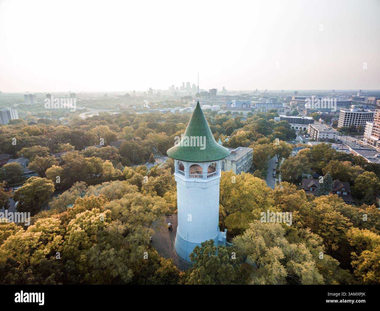 Aerial view of Tower Hill park with city at background, Minneapolis ...