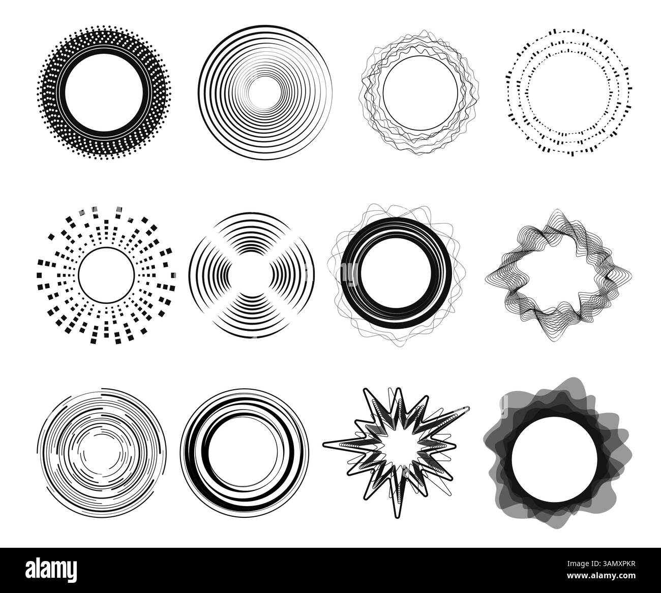 Circle sound icons. Black radial equalizer shapes, audio waves diagrams, round abstract ...