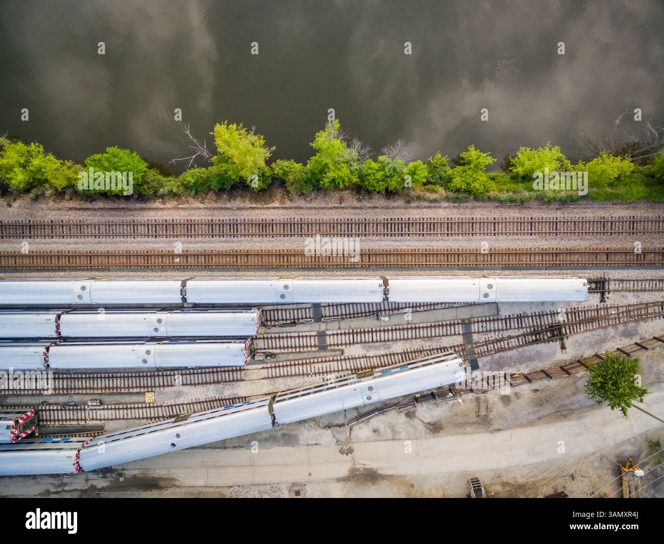 Aerial view of train crossing multi railway system, USA Stock Photo - Alamy