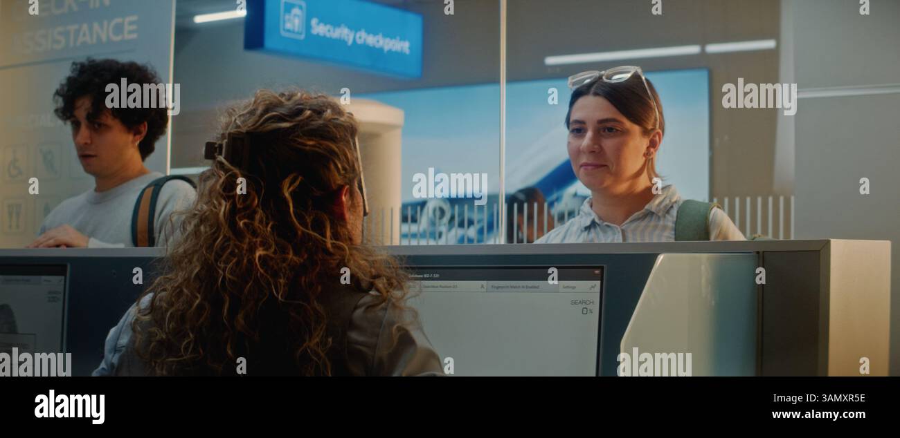Airport Check-in Counter: Woman Giving Passport and Airplane Ticket to Female Airline Agent ...