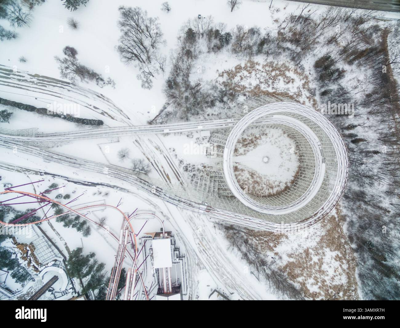 Aerial view of roller coaster tracks covered by fresh snow, USA Stock ...