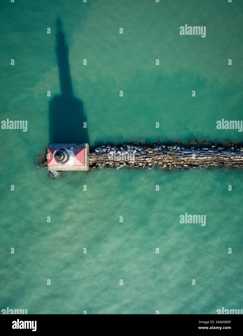 Aerial view of artificial mole leading to lighthouse, Chicago, USA ...