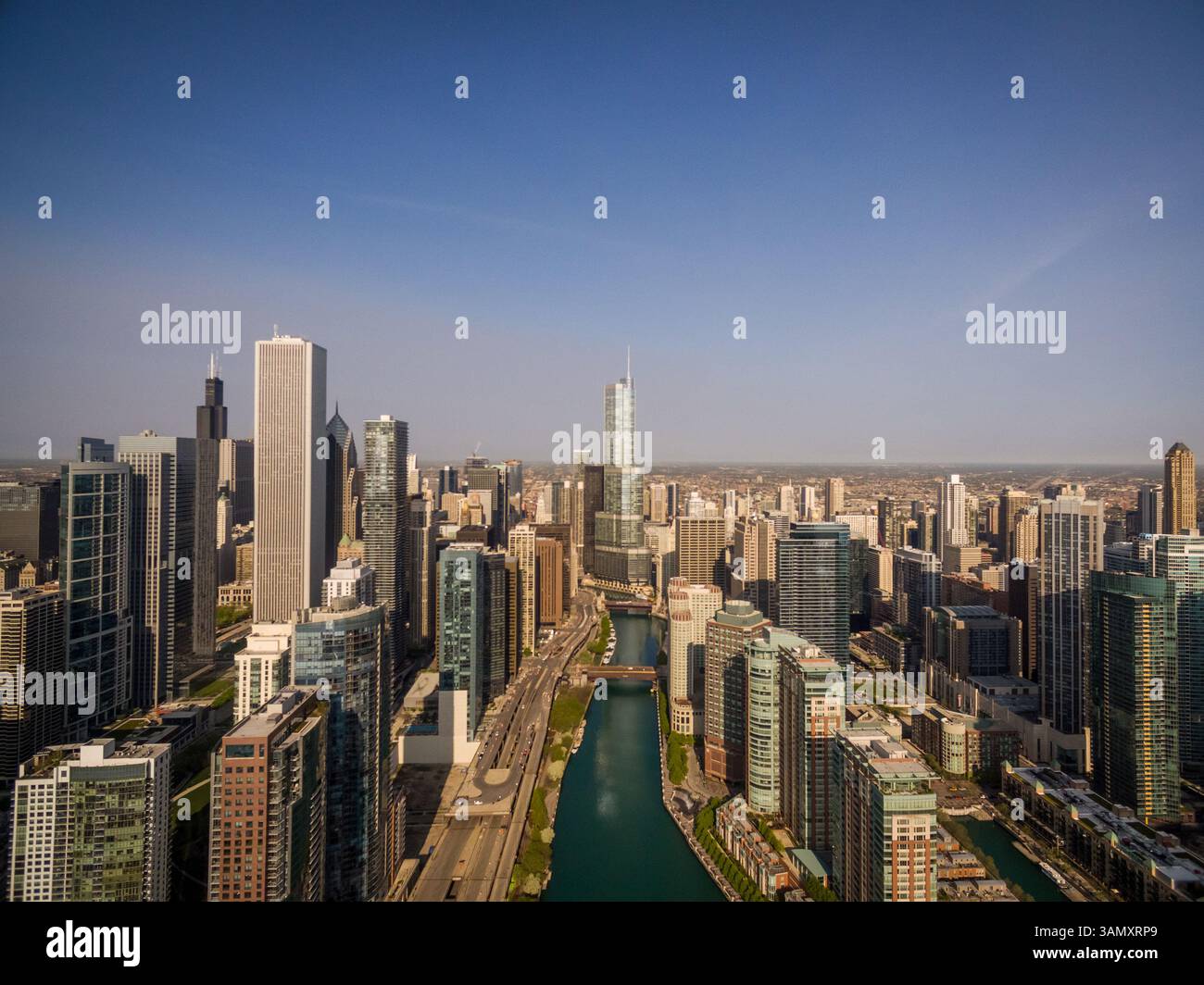 Aerial view of Chicago river leading to Trump tower, USA Stock Photo ...