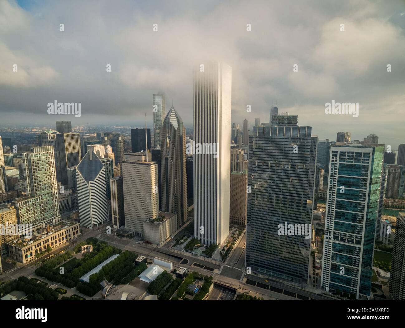 Aerial view of mist covering tall building downtown Chicago, USA Stock ...