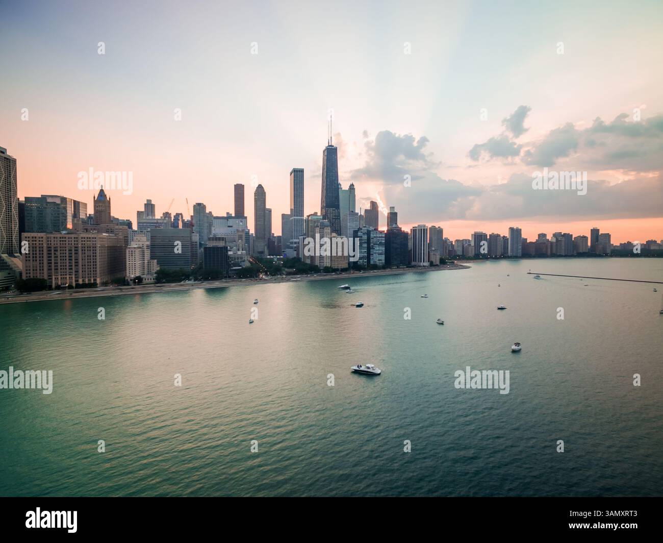 Aerial view of Chicago coastal line with Lake Michigan during scenic ...