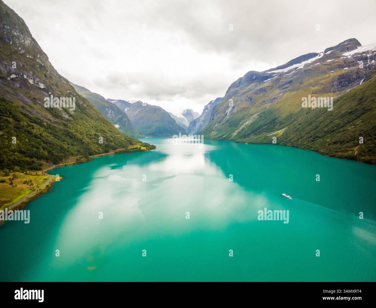 Aerial view of small boat sailing at calm fjord, Norway Stock Photo - Alamy