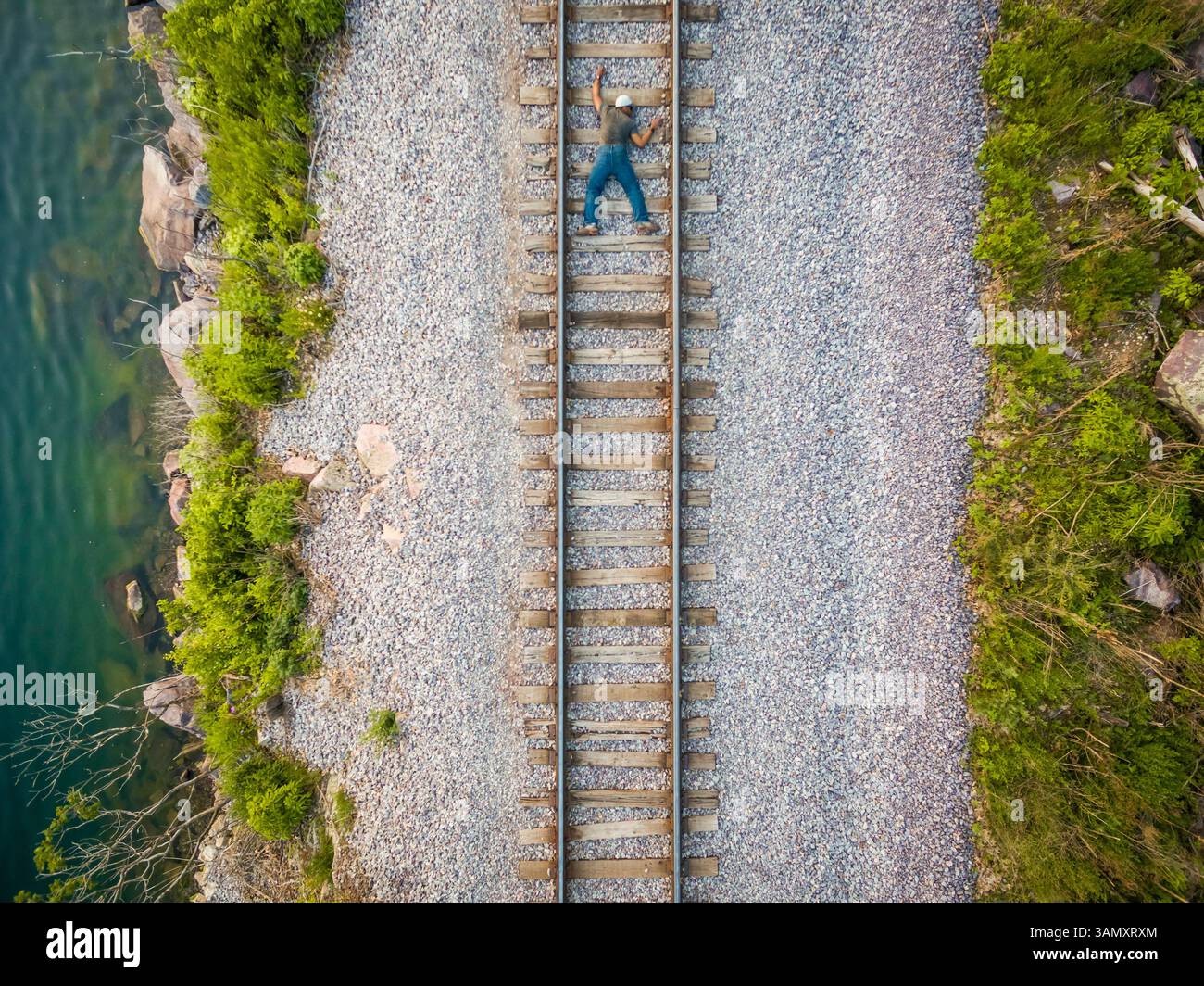 Concept aerial view man escalating rail tracks, Wisconsin, USA Stock ...