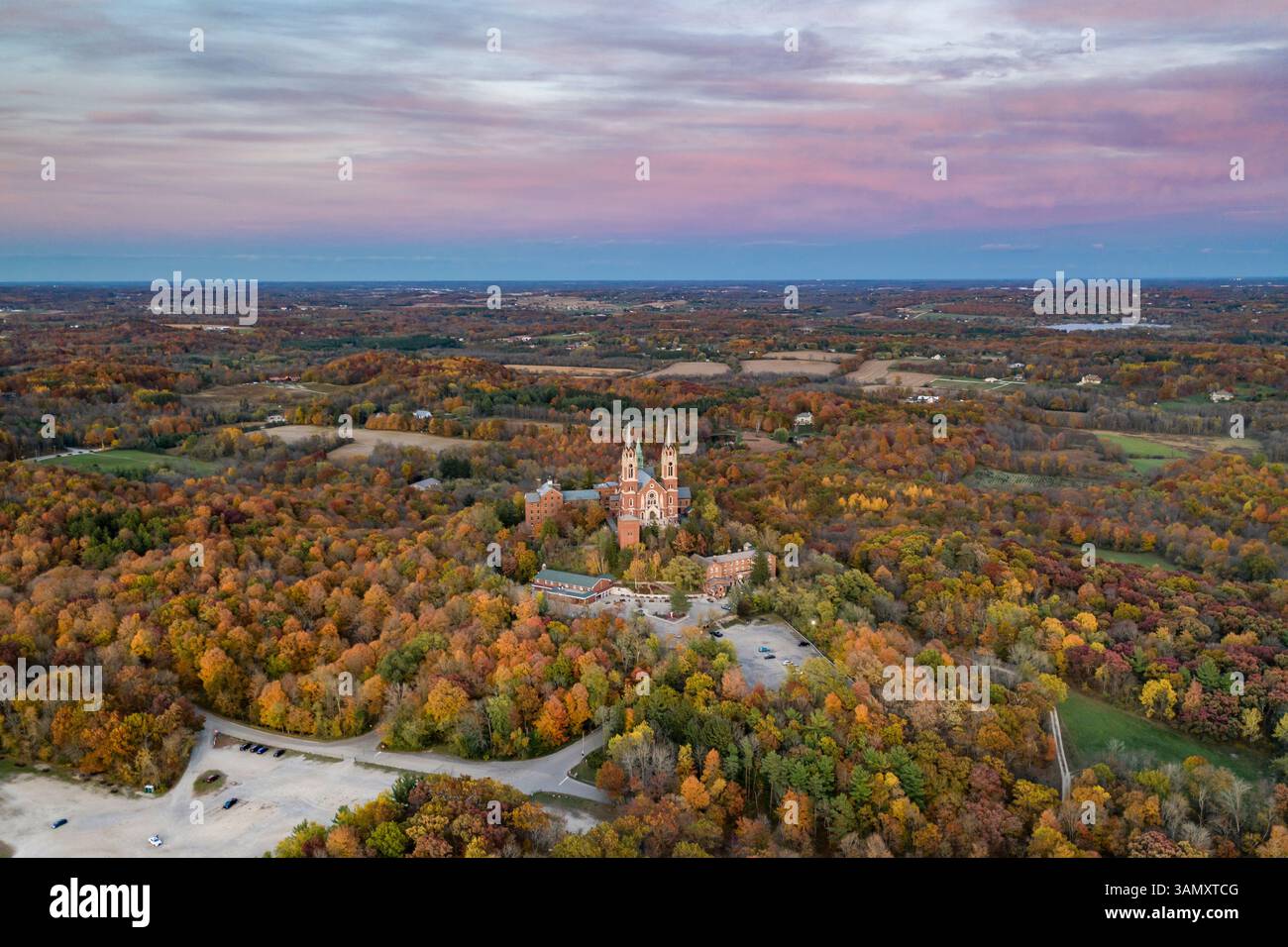 Aerial view of Holy Hill, a medieval style church on hilltop, Hartford ...