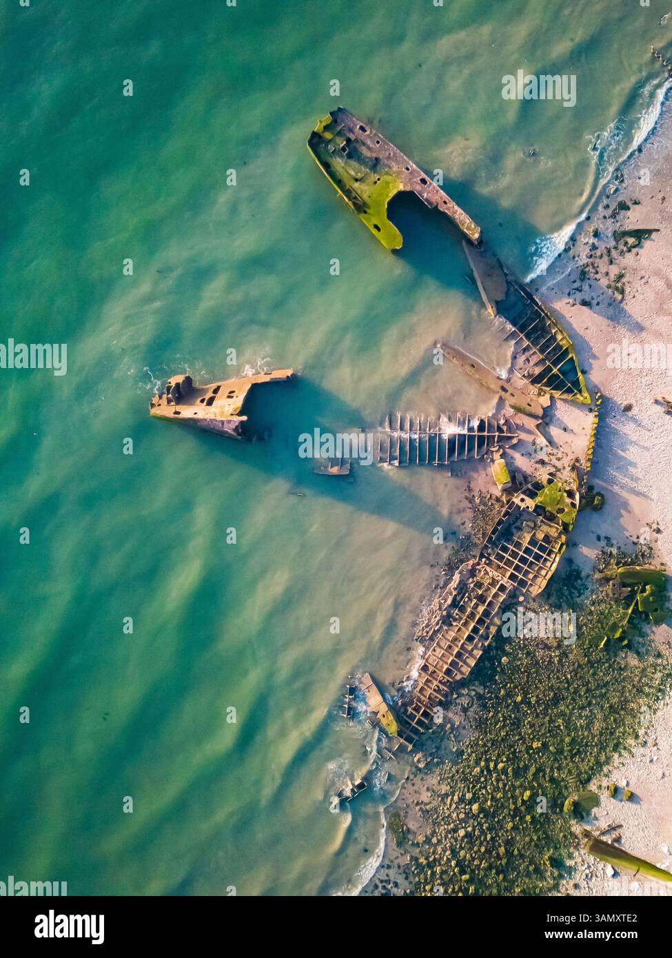 Aerial view of Octeville boats wrecks from World War Two in Normandy ...