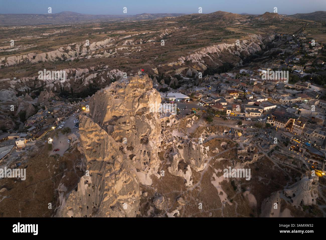 Aerial view of Uchisar Castle surrounded by beautiful rock formations ...