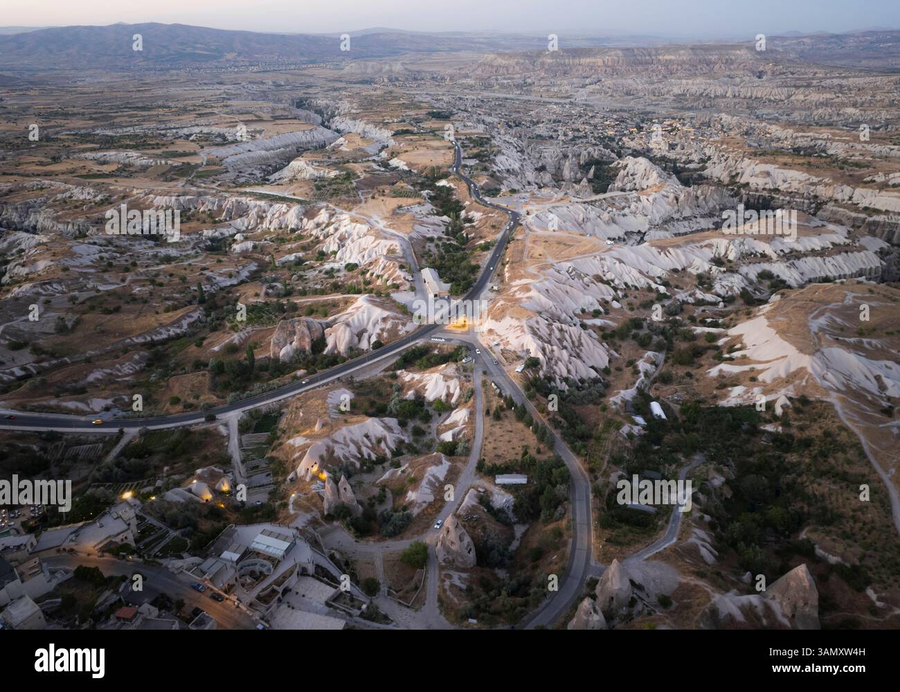 Aerial view of fairy chimneys and scenic rock formations in a tranquil ...