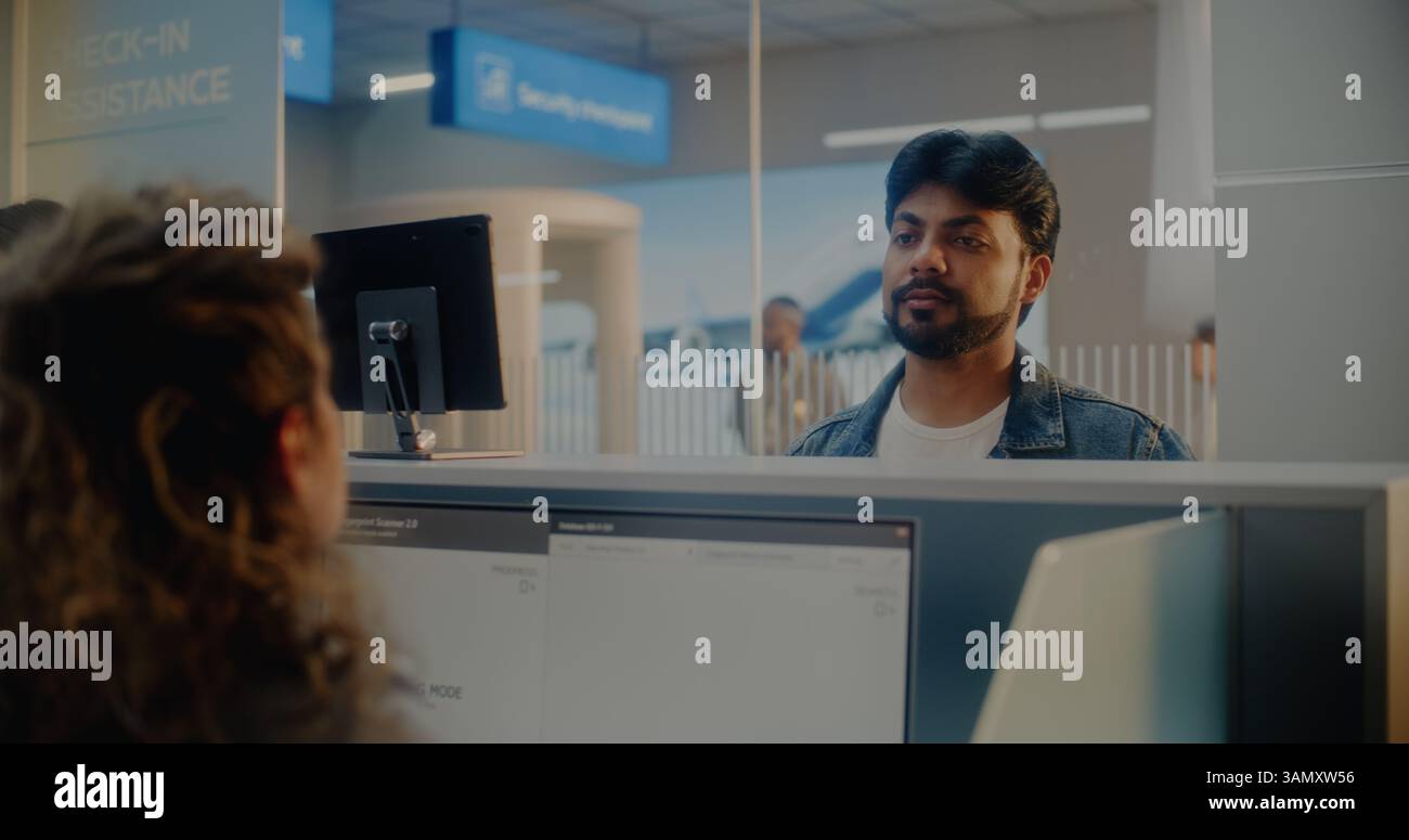 Airport Check-in Counter: Indian Man Giving Documents and Airplane ...