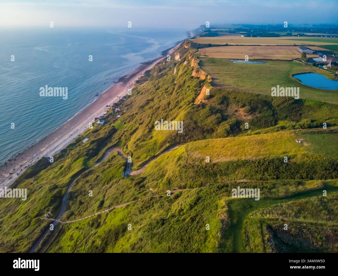 Aerial view of Octeville Coastline above old Nato Base, Normandy ...