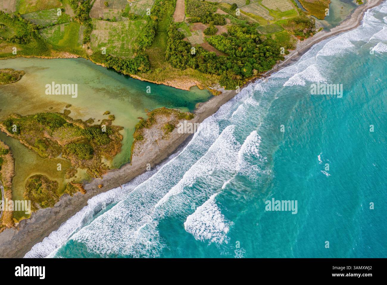 Aerial view of strong waves at Patos Beach at the mouth of the Rio ...