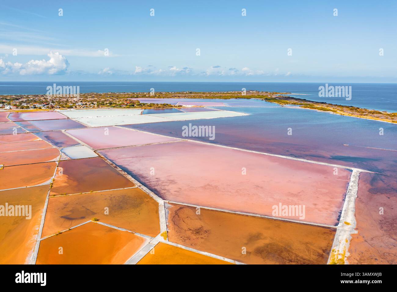 Aerial view of salt mines with colorful patterns next to Salinas town ...