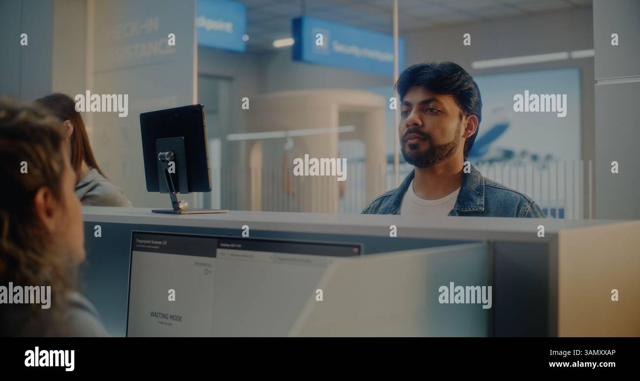 Airport Check-in Counter: Indian Man Giving Documents and Airplane ...
