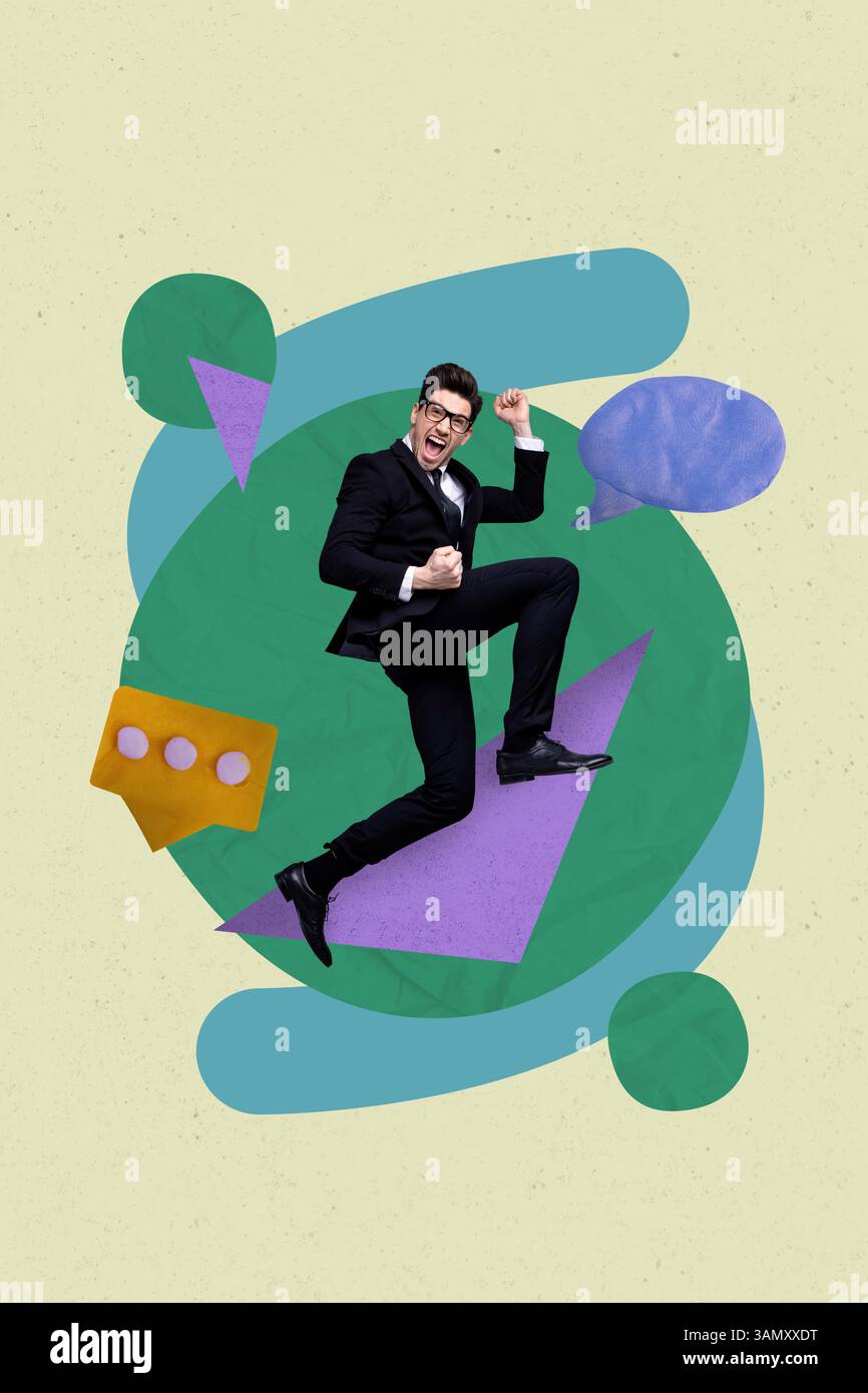 Poster banner collage of person winning with 3d text box on pastel ...