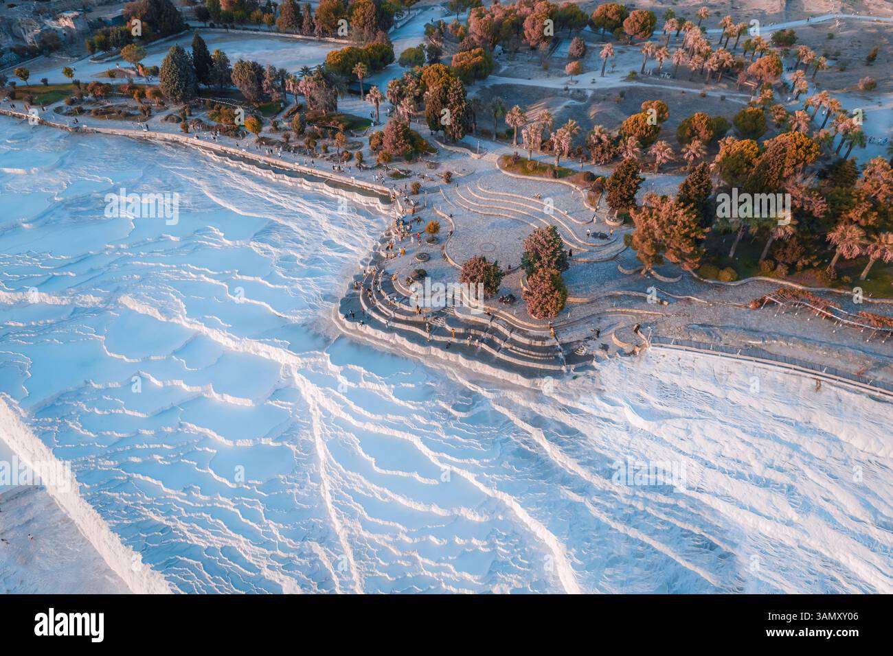 Aerial view of white cotton castle thermal spring with travertine ...