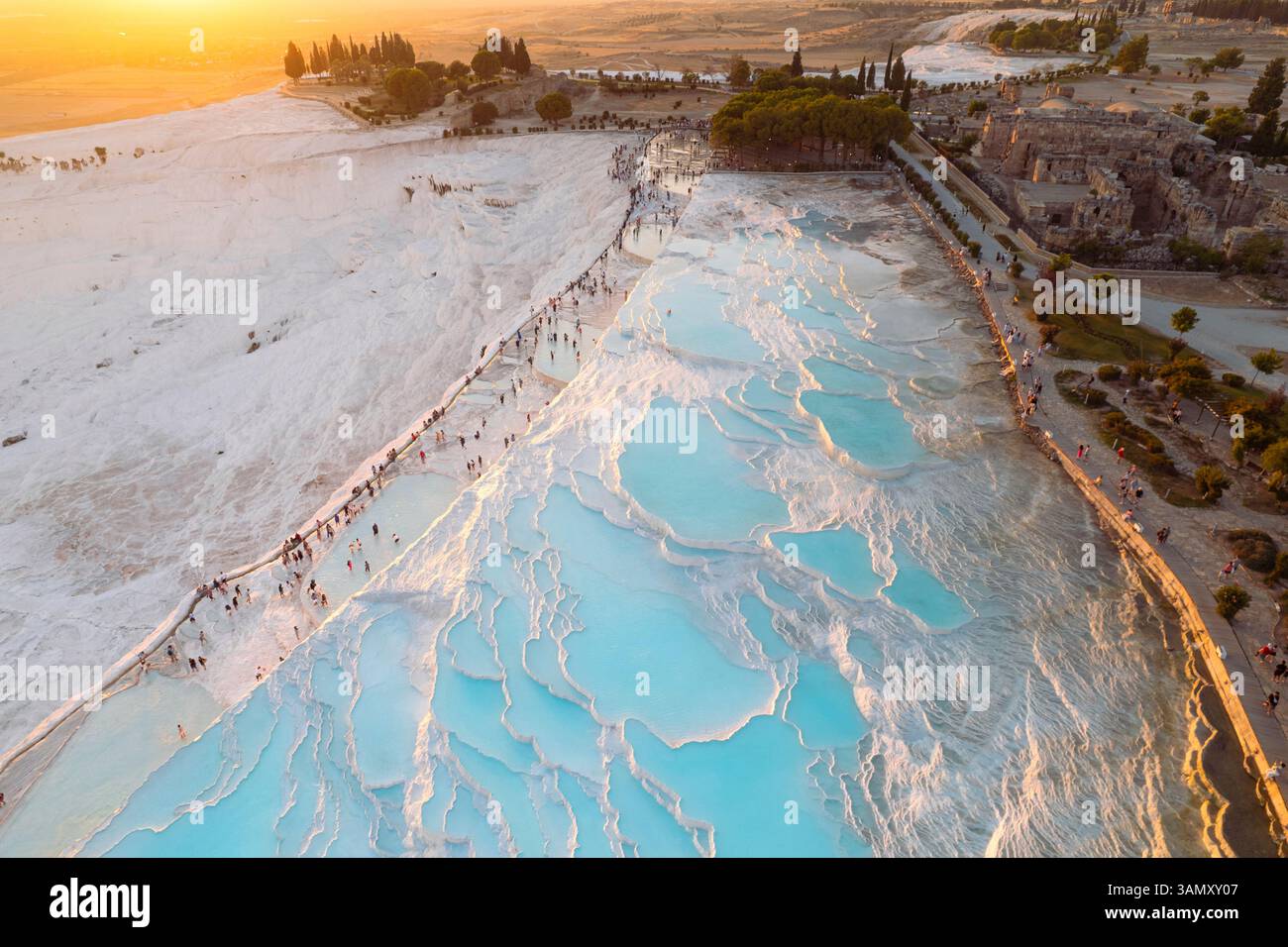 Aerial view of beautiful travertine terraces and thermal pools at ...