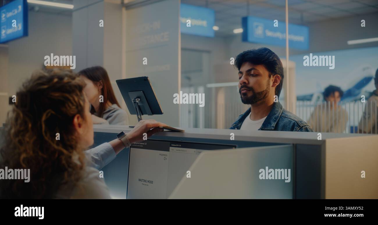 Airport Check-in Counter: Female Airline Worker Checking Personal ID ...