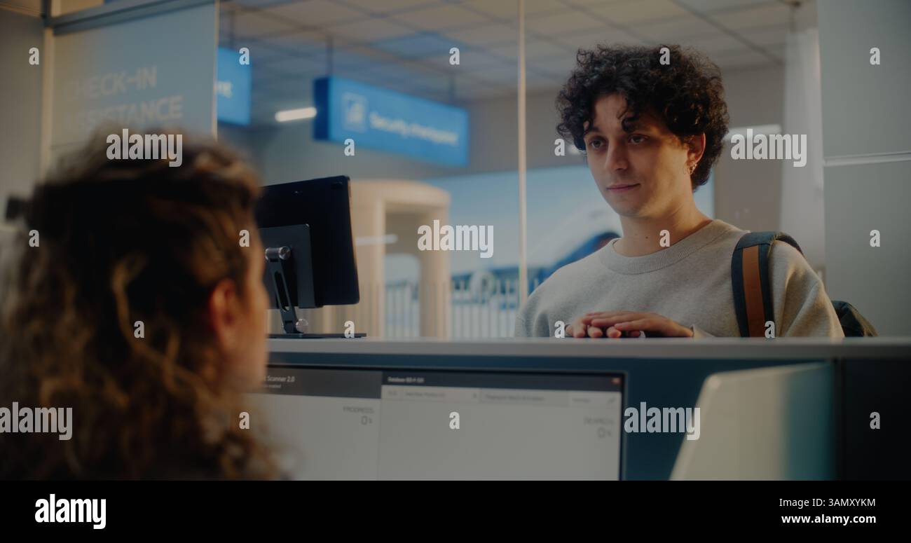 Airport Check-in Counter: Young Man Giving Documents and Airplane ...