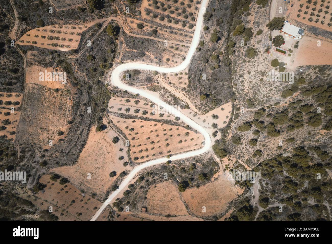 Aerial view of a road path with a serpentine shape crossing through ...