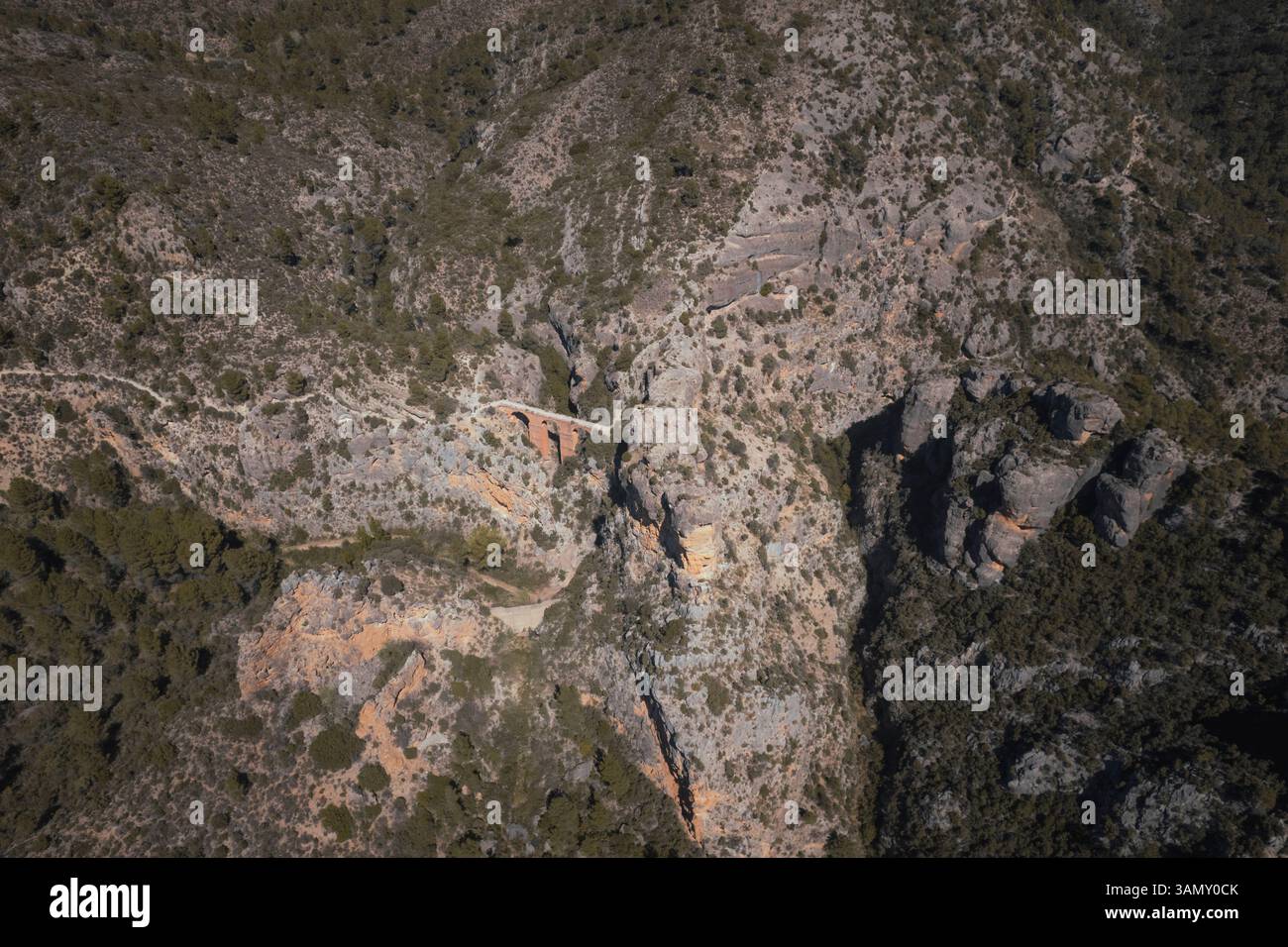 Aerial view of the Roman aqueduct of Pena Cortada surrounded by ...