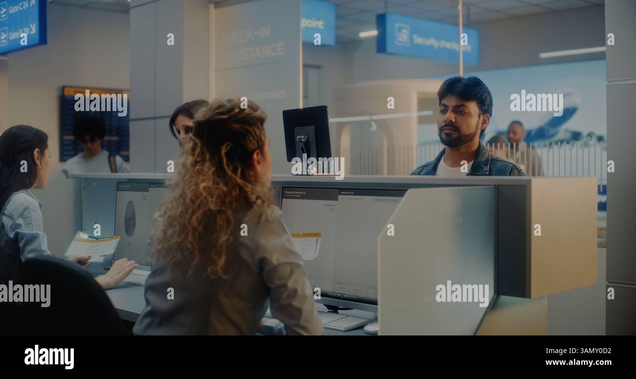 Multiethnic Passengers at Check-in Counter: Female Airline Agents ...