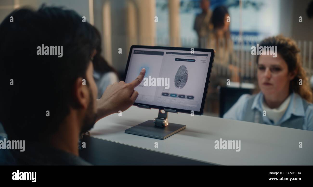 Airport Check-in Counter: Female Airline Worker Checks Tourist Personal ...