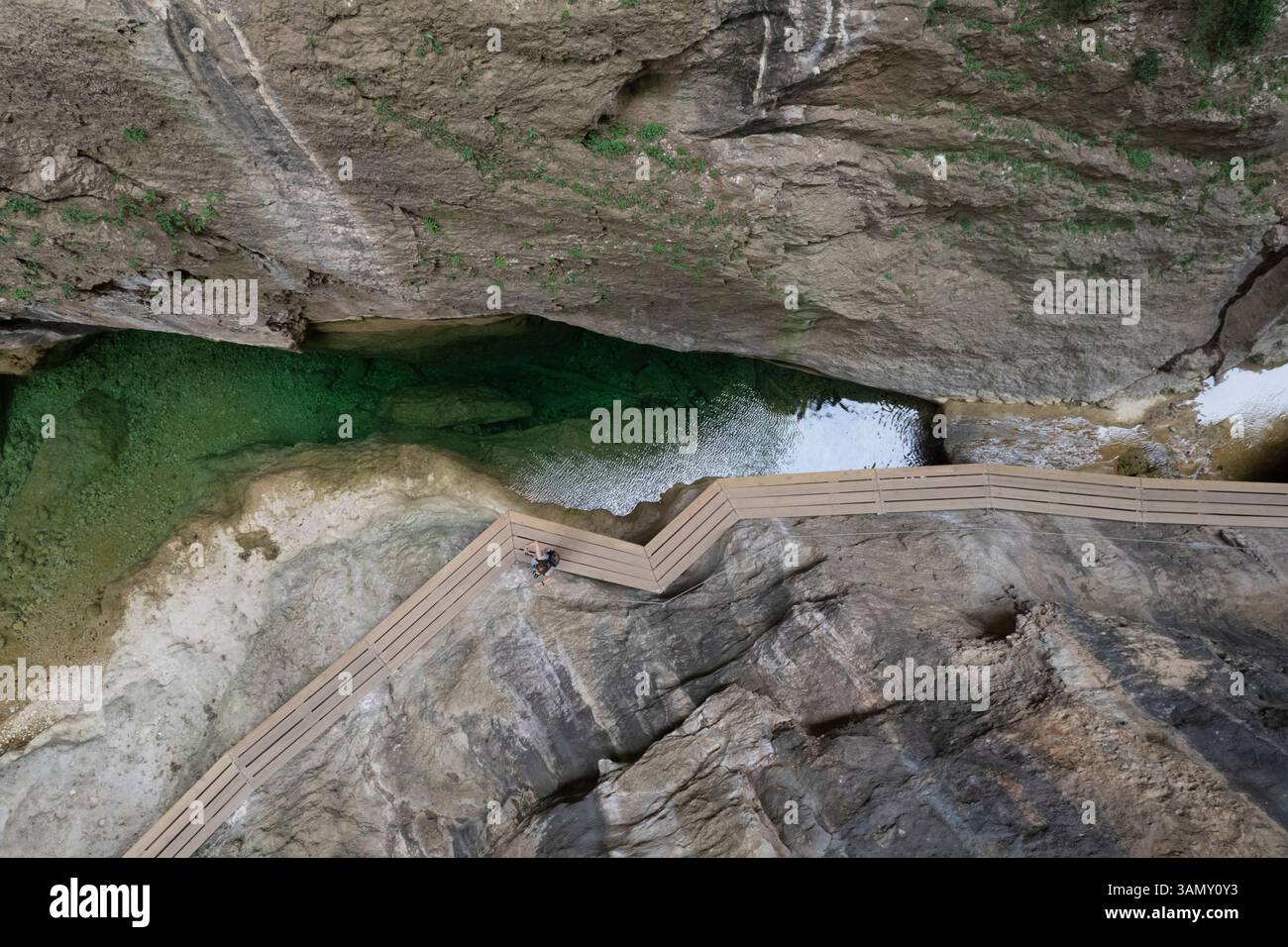 Aerial view of a woman on an elevated walkway, Parrizal de Beceite, Rio ...