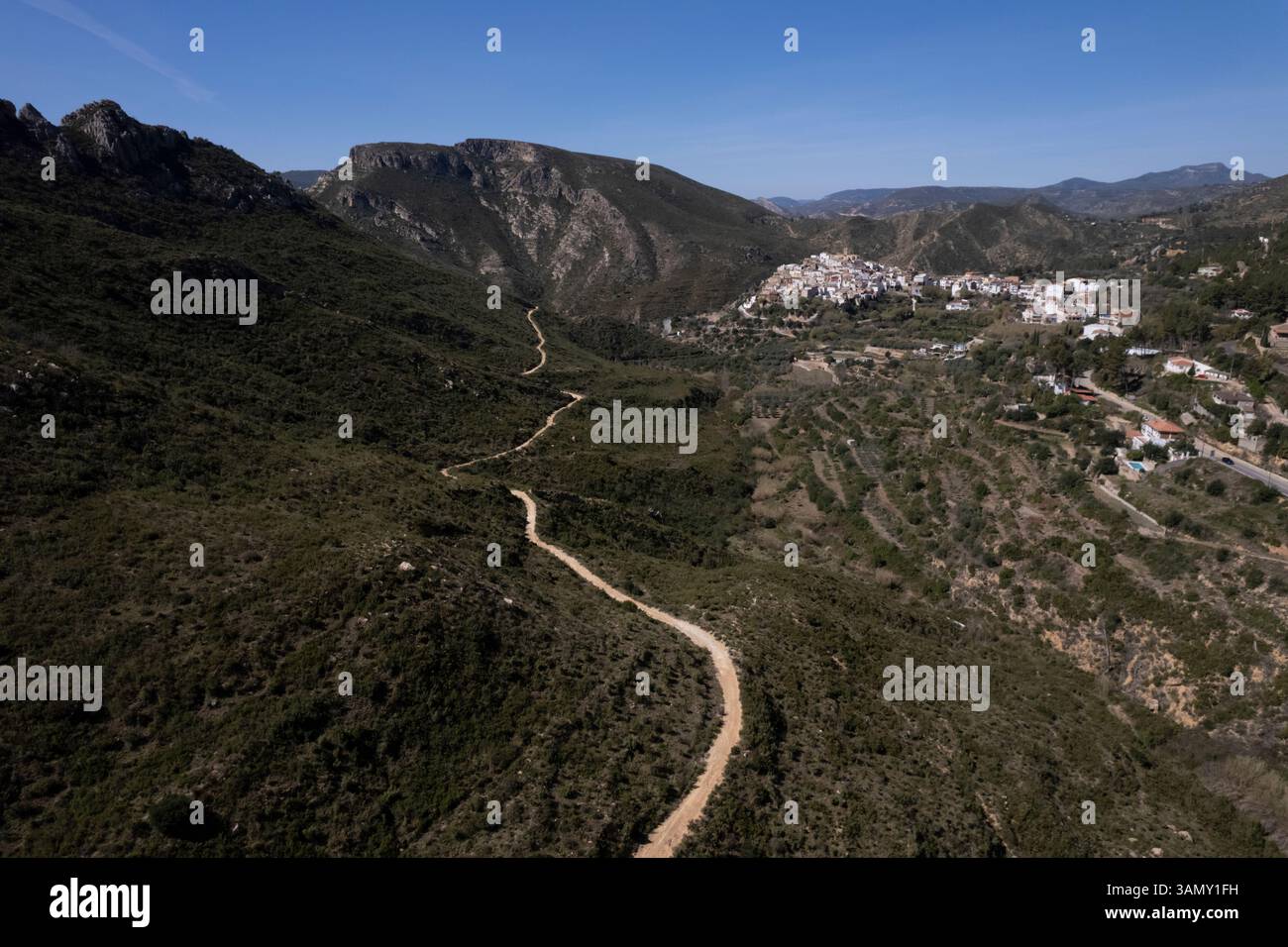 Aerial view of Dos Aguas, a small town among the mountains in Valencia ...