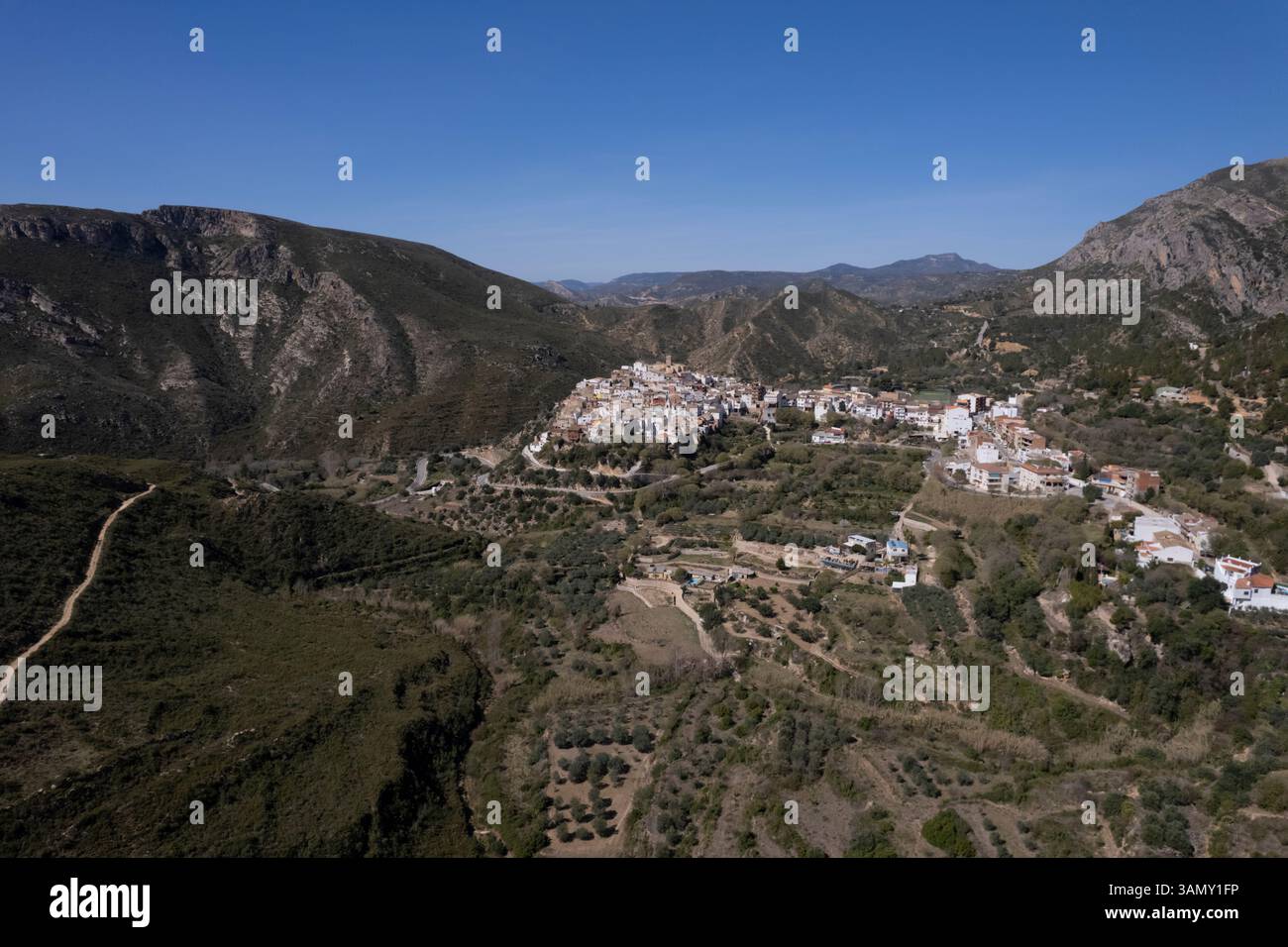 Aerial view of Dos Aguas, a small town among the mountains in Valencia ...