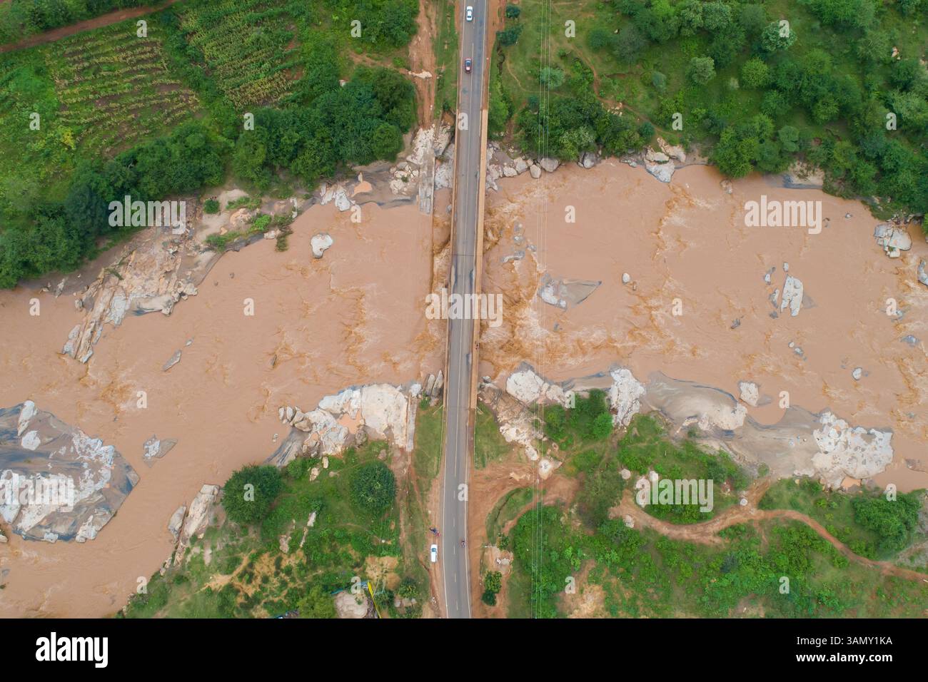 Aerial view of Kaiti River flowing past the Machakos-Wote Road in ...