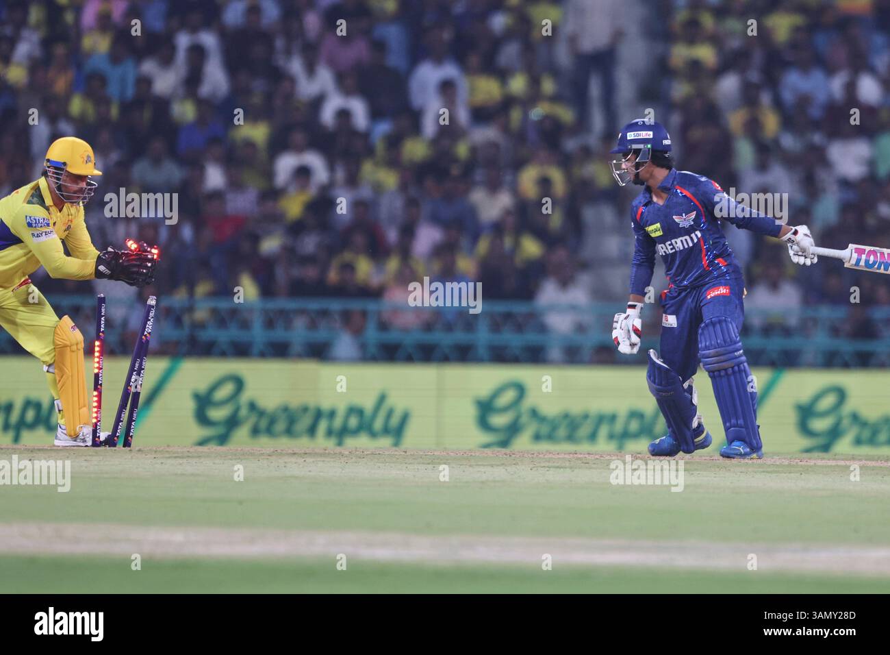 Chennai Super Kings' Mahendra Singh Dhoni stumps Lucknow Super Giants' Ayush Badoni during the ...